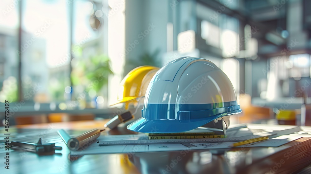 The white, blue and yellow safety helmet stacking on table with the ...