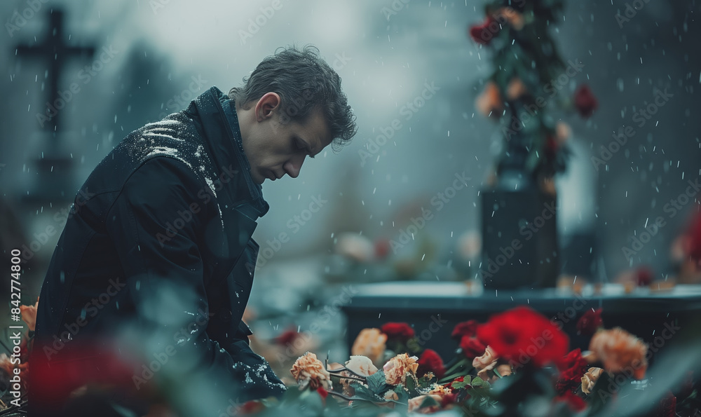 Christian man crying next to a grave with a headstone for a deceased ...