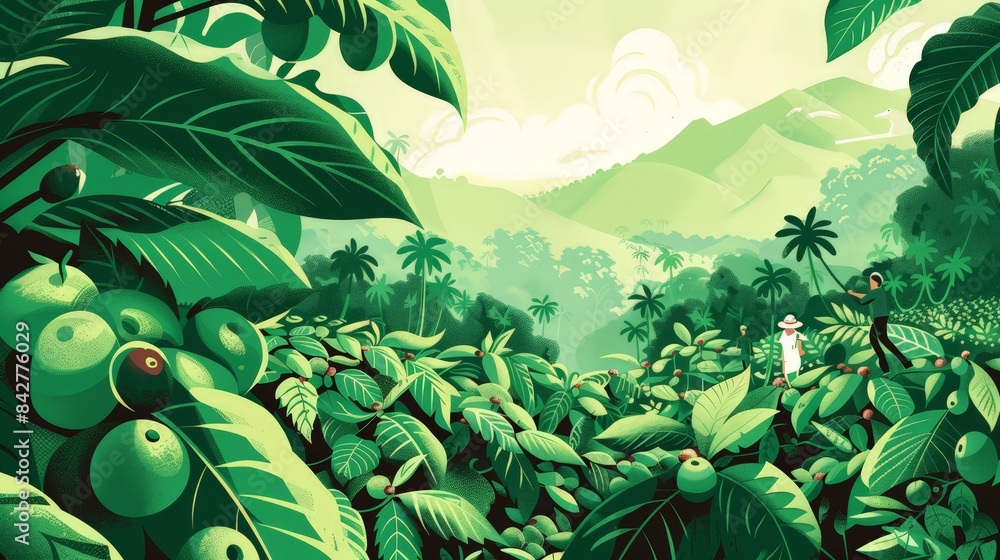 Design a visual of the coffee-growing process, from lush green coffee ...