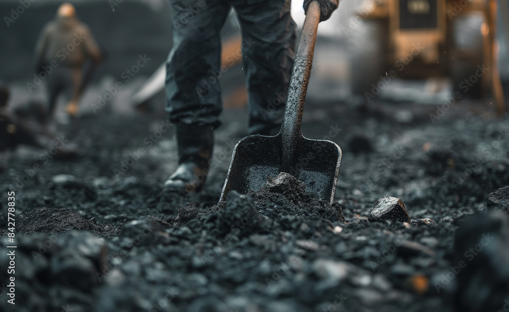 A worker's feet and shovel digging into the ground in a coal mining ...