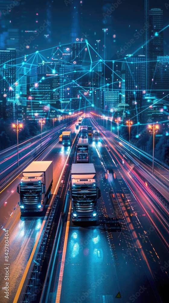 A convoy of autonomous delivery trucks on a highway, surrounded by ...