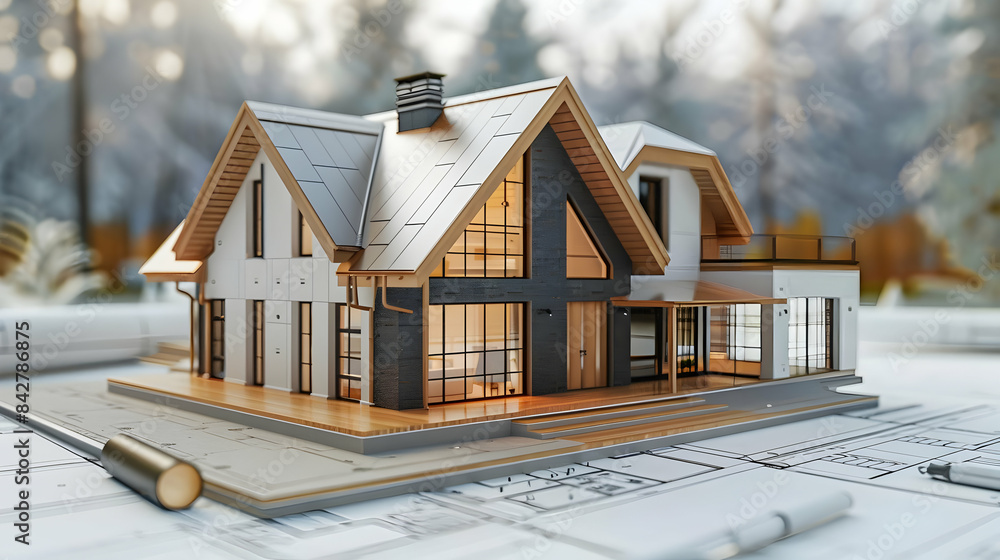 Cad 3d rendering of a a house on the computer, mockup of house design ...