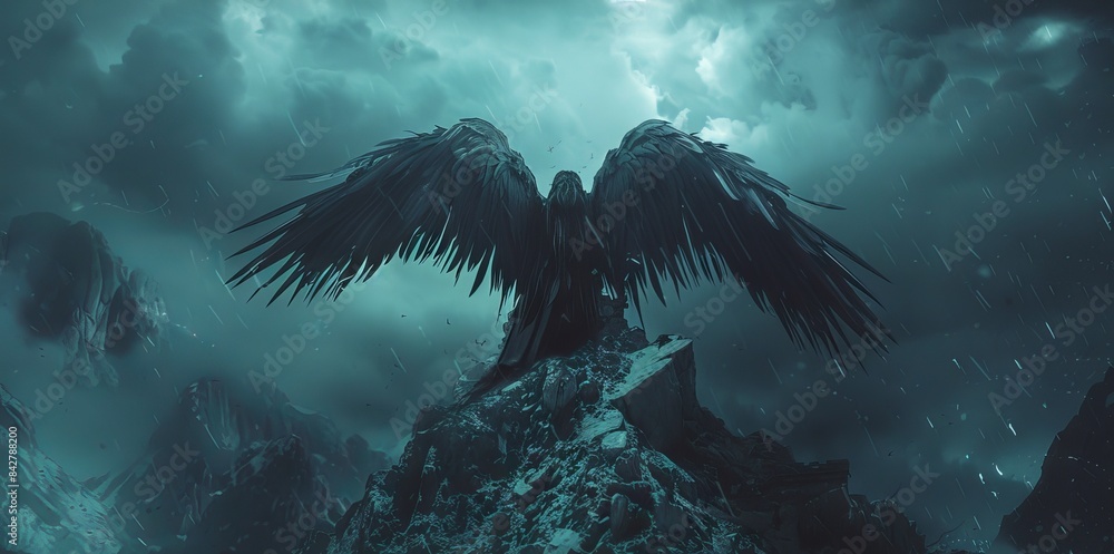 Dark winged figure on a rocky mountain with stormy skies. Black angel ...