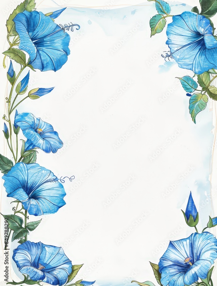 watercolor blue morning glory flowers border on white background, green ...