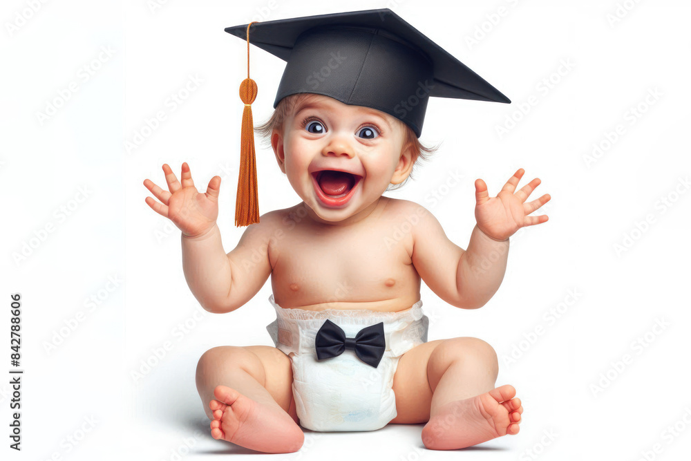 Smiling surprised baby in diaper and graduation cap sitting Isolated on ...