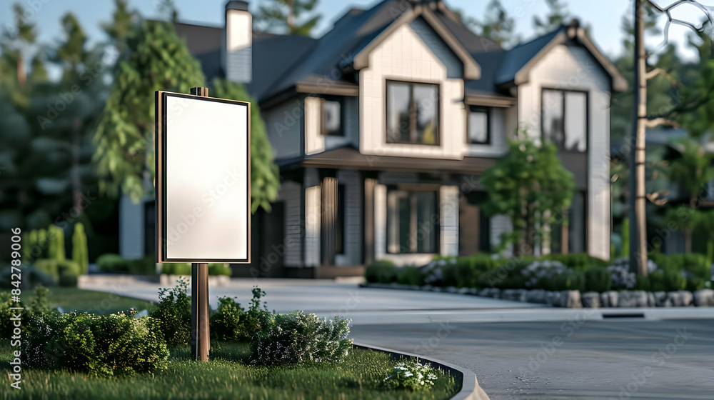 mockup of an empty yard sign, perfectly placed in front of a house to ...
