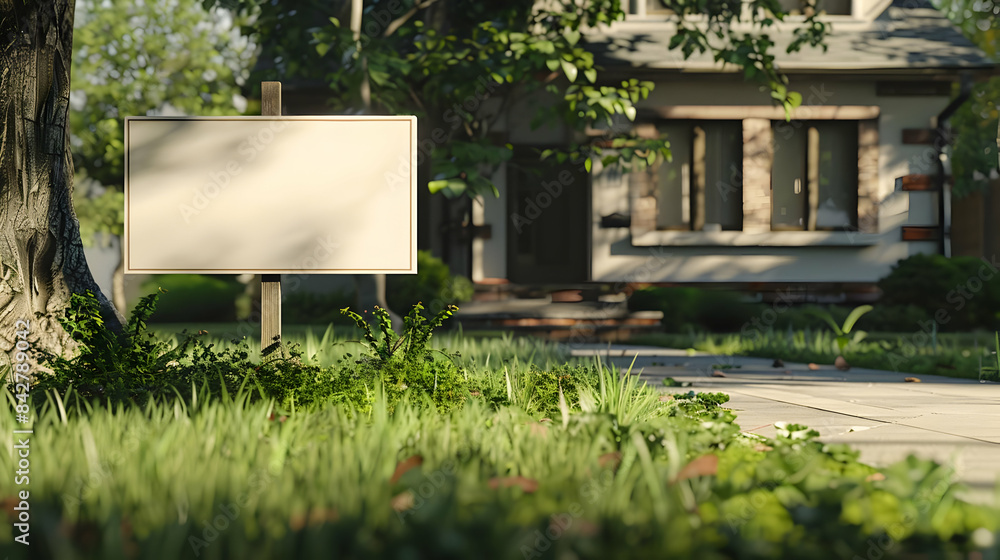 mockup of an empty yard sign, perfectly placed in front of a house to ...