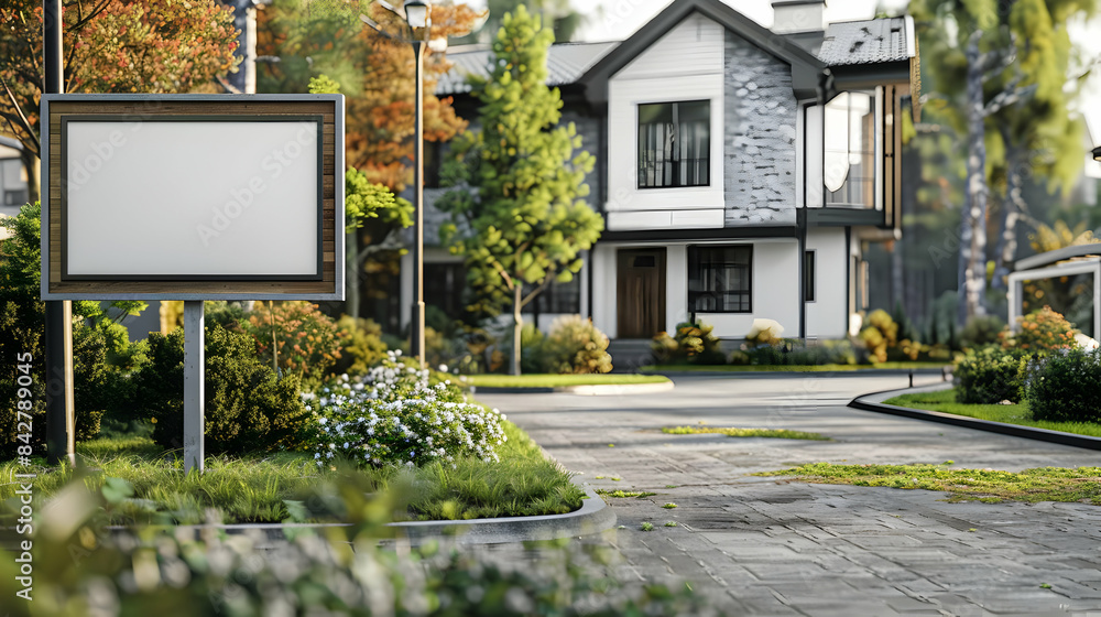 mockup of an empty yard sign, perfectly placed in front of a house to ...