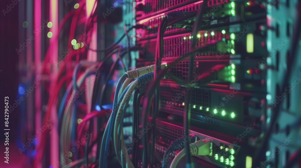 complex network of cables connected to server racks in data center ...