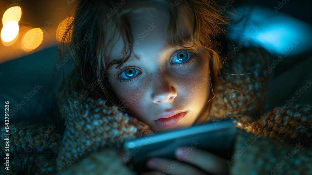 sad child reading phone messages / using internet; serious face ...