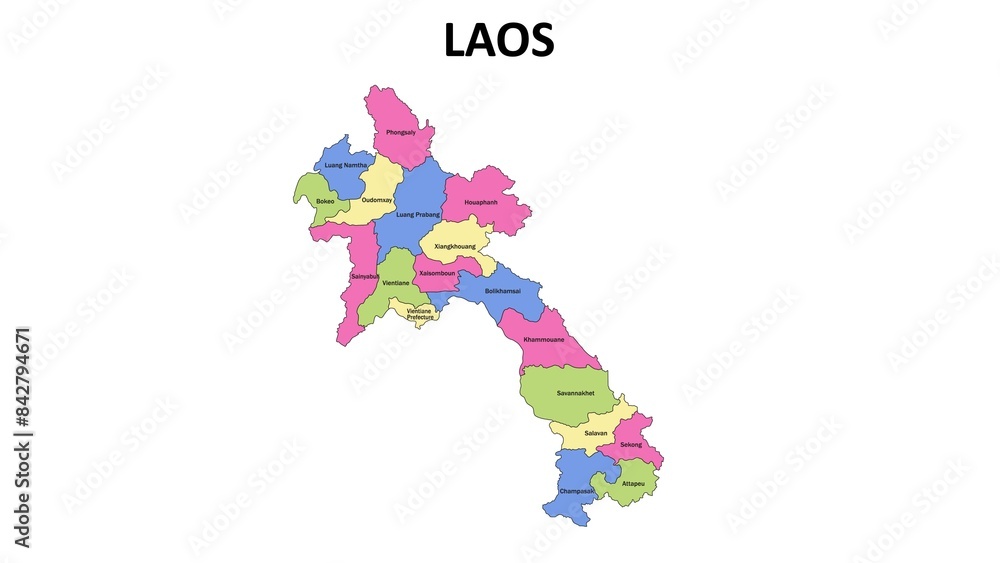 Laos Map. State and union territories of Laos. Detailed colourful Political map of Laos with ...