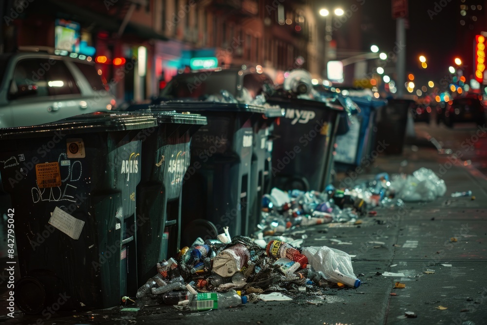 Urban Street at Night with Overflowing Garbage Bins and Litter Stock ...