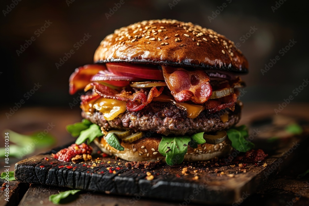 double grilled beef patty burger with brioche bun, crispy bacon slices ...