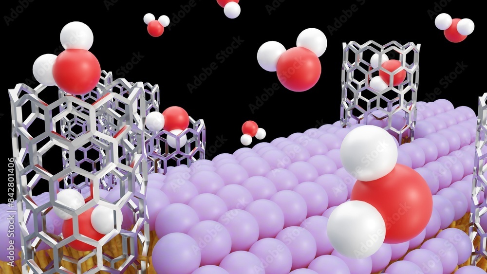 3d rendering of molecules passing through carbon nanotube porins on ...