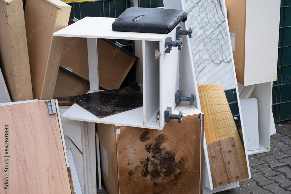 bulky waste, old furniture, tables, used things on street before ...