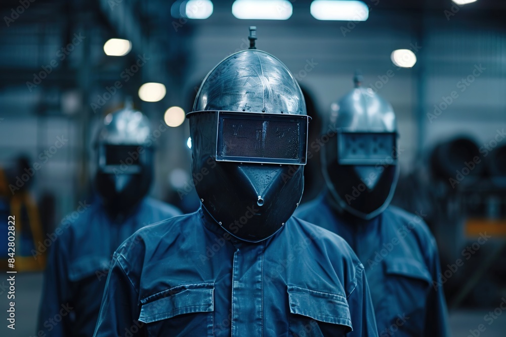 Workers wearing industrial uniforms and Welded Iron Mask at Steel ...
