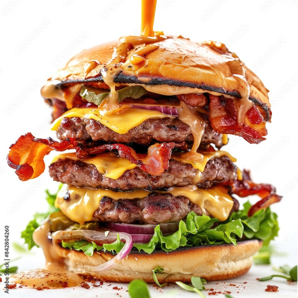 triple patty beef burger with melted cheddar cheese, lettuce, crispy ...