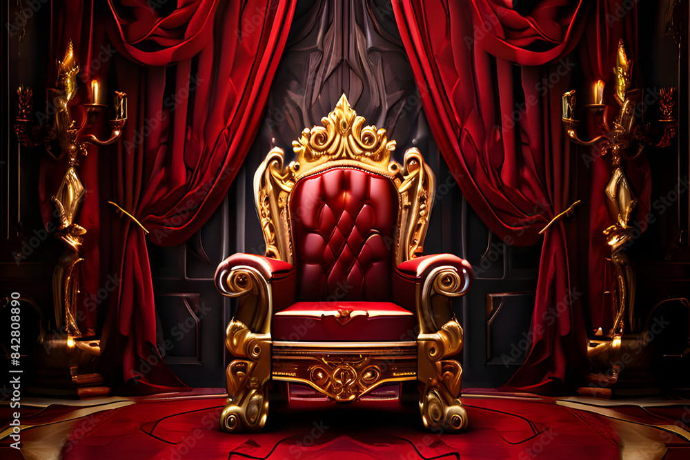 A red and gold chair with ornate carvings sits in a dimly lit room ...