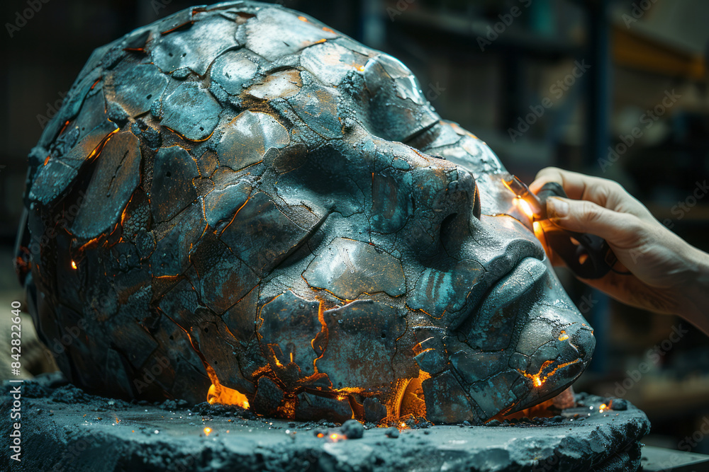 Aesthetic image of a sculptor using a torch to add patina to a metal ...