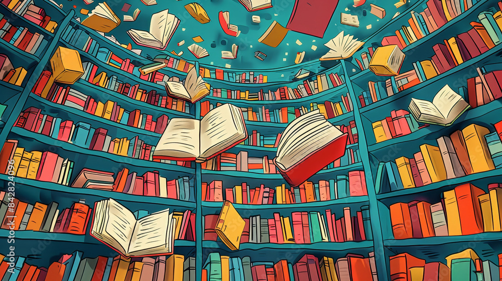 Colorful illustration of a library with flying books, depicting a ...