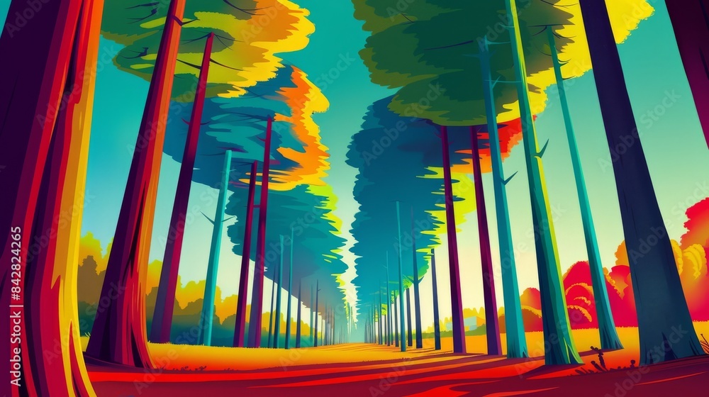 forest with giant pines and firs, through which you can see a sun ...