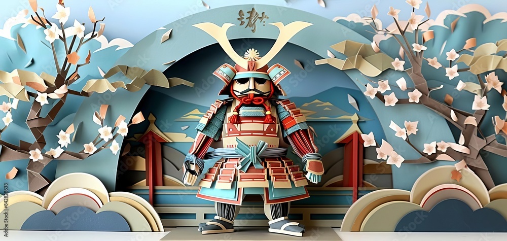 Origami samurai armor, placed on a stand, traditional design, modern ...