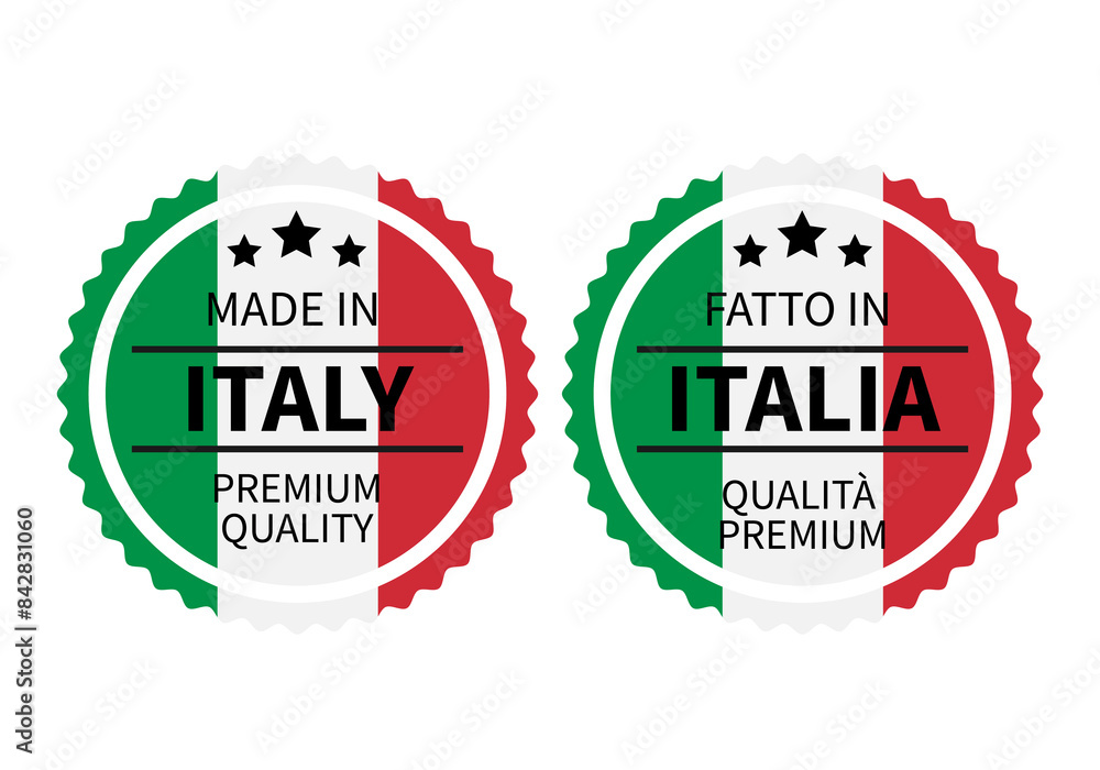 Made in Italy round labels in English and in Italian languages. Quality ...