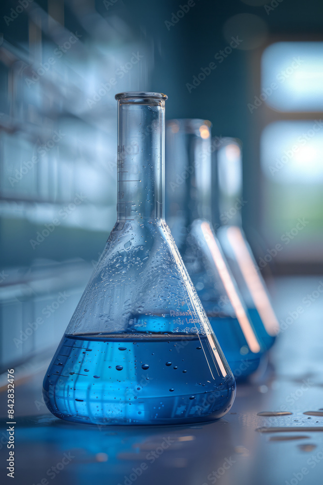 Clean and elegant depiction of reagents in Erlenmeyer flasks, ready for ...