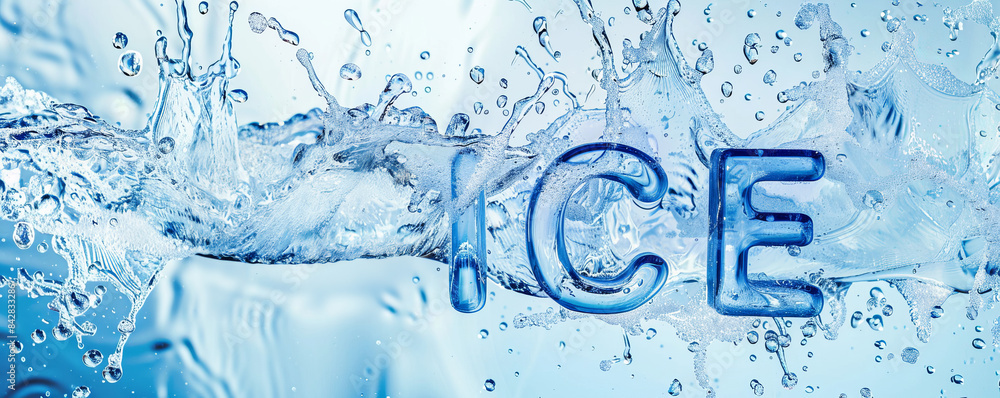Blue "Ice" text with dynamic water splash, representing freshness ...