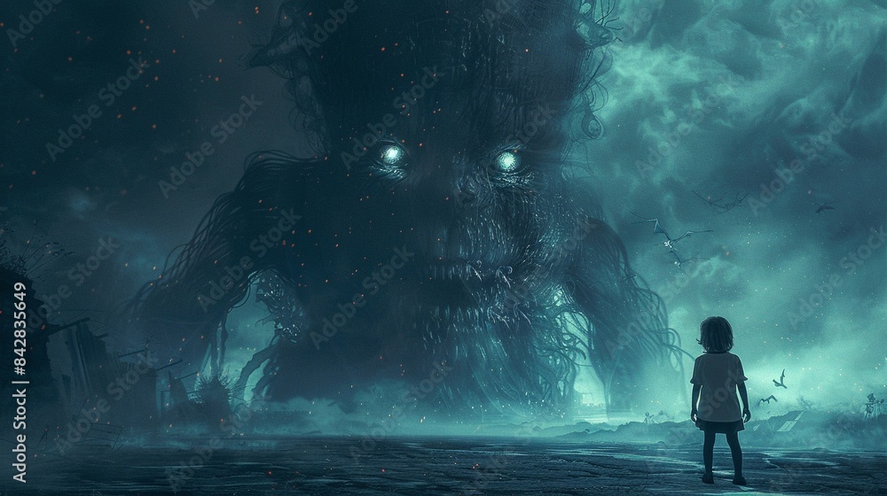 Child standing before menacing shadow beings with bright eyes and ...