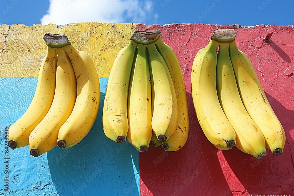 Three bunches of ripe bananas hanging on a multi-colored blue, red and ...