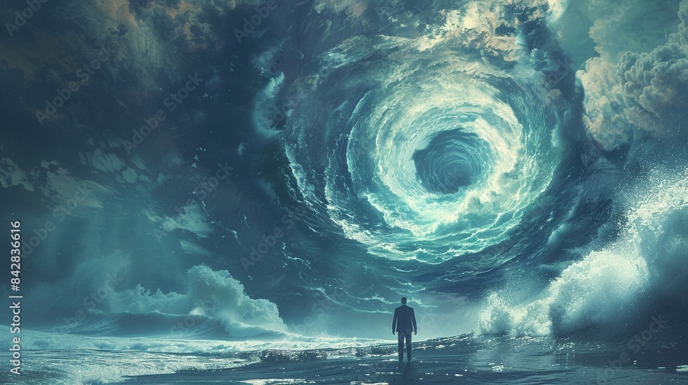 Person standing before a colossal ocean vortex under a stormy sky ...
