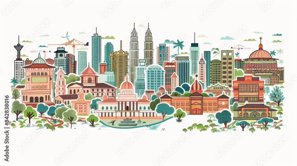 A map of Kuala Lumpur, Kuala Lumpur color icons and hand drawn ...