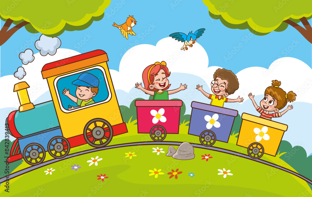 Vector illustration cartoon of happy kids with the train.Funny Children ...
