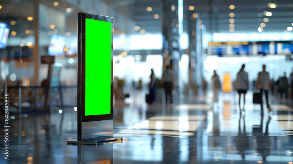 Realistic 3D digital signage in a high traffic airport terminal, clean ...