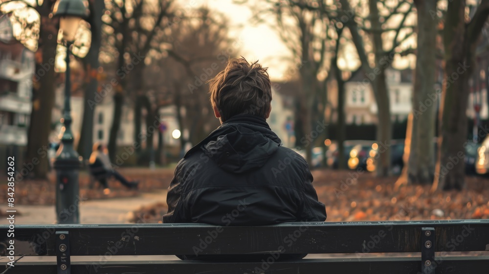 Teenage boy sitting alone on a bench in a crowded park, feeling lost ...