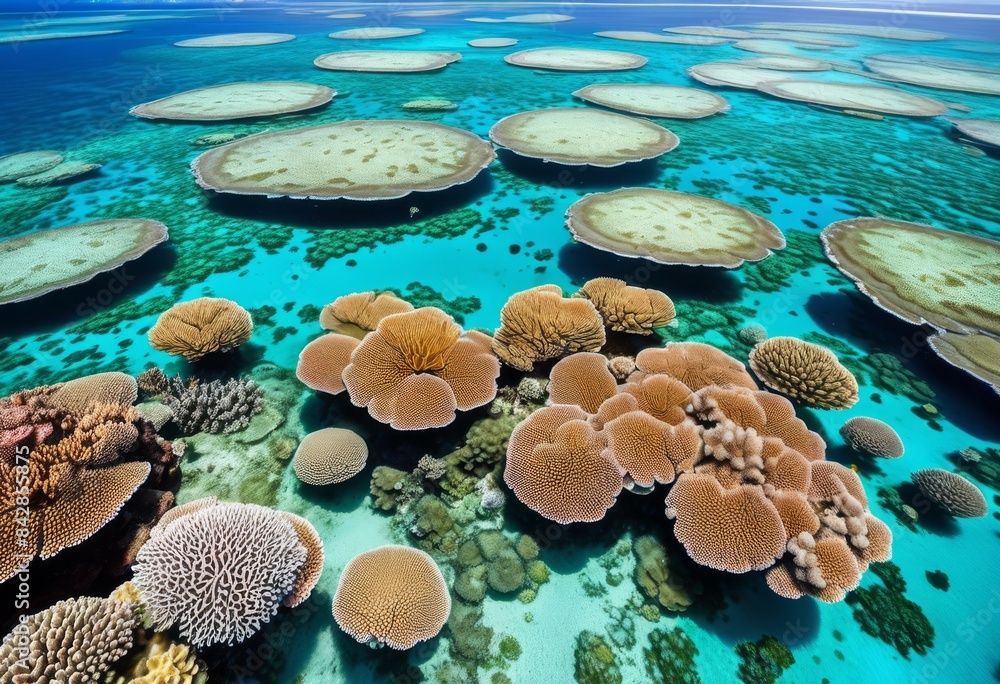 aerial view colorful coral reef underwater, ocean, floor, marine, life ...