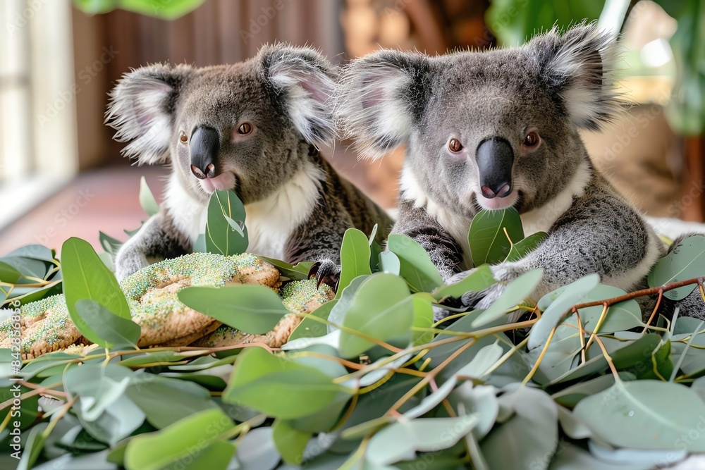 Adorable koalas munching eucalyptus leaves in their natural habitat ...