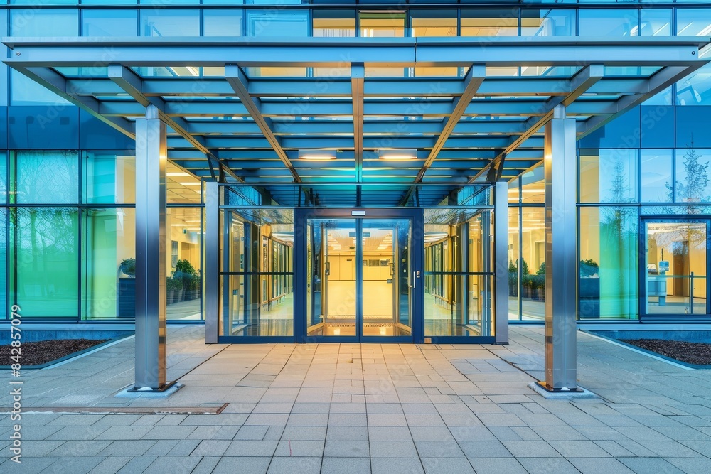 The entrance of a modern hospital with glass doors, a canopy, and ...