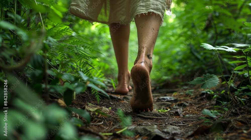 Amidst the lush greenery of the forest, a woman's barefoot stroll ...