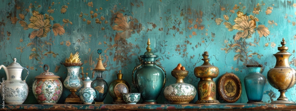 Compose a still life arrangement of antique objects against a textured ...