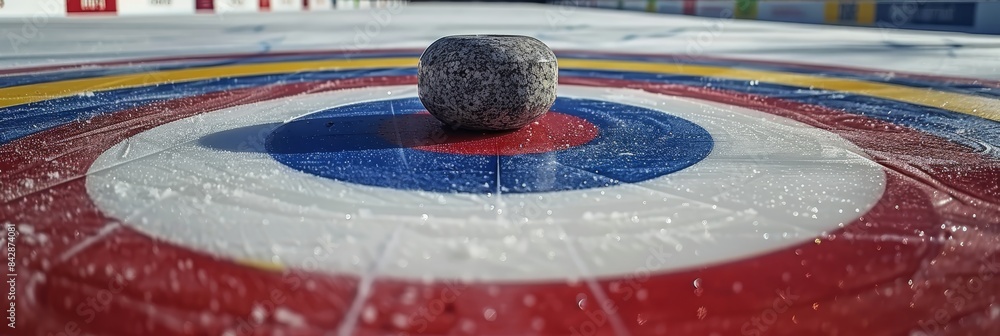 Curling stone positioned on smooth ice surface in rink, ready for an ...