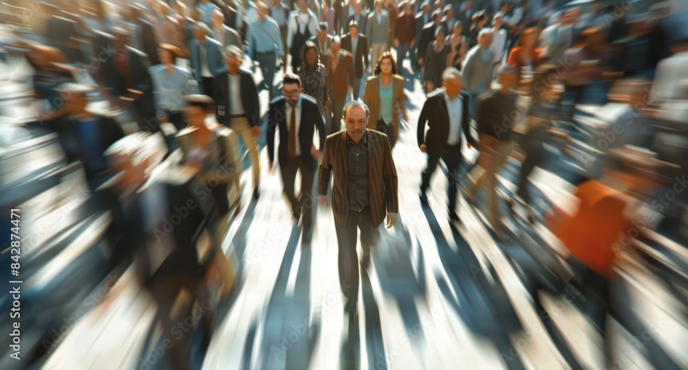 A crowd of people, all looking in different directions In the center is ...