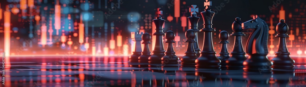 Chess pieces on a board with glowing stock market graphs behind ...