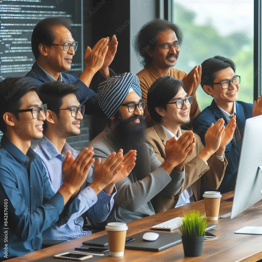 asian and Indian Developer team clapping hand for project successwith ...
