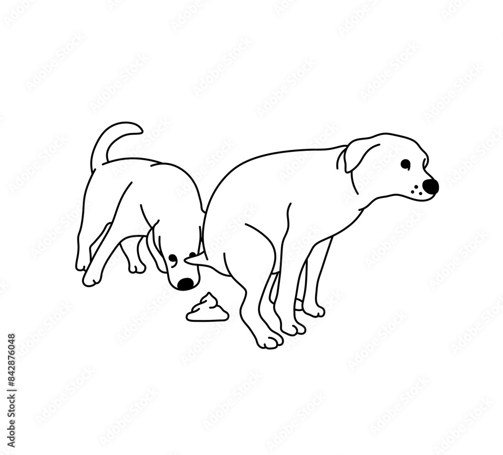 Vector isolated pooping dog icon colorless black and white contour line ...