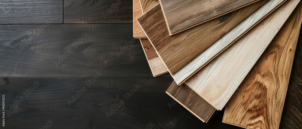 A variety of wooden flooring samples fan out across a dark wooden ...