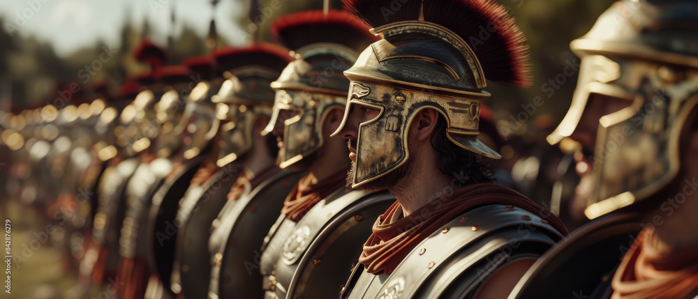 A line of Roman soldiers in detailed armor and helmets stand in ...