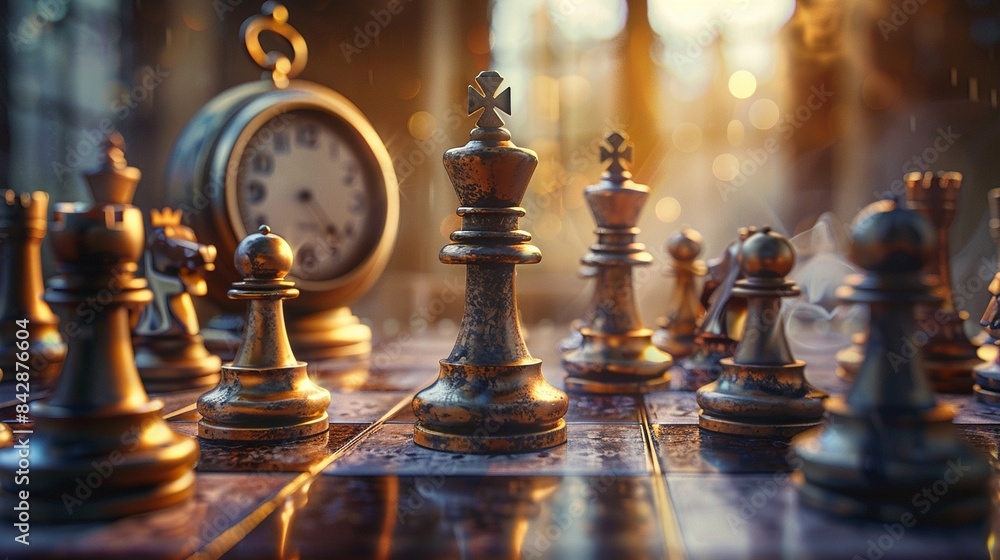 Chess pieces on a board with a clock ticking, highlighted by soft, warm ...