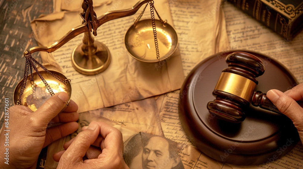 Hands holding scales of justice against a backdrop of legal documents ...